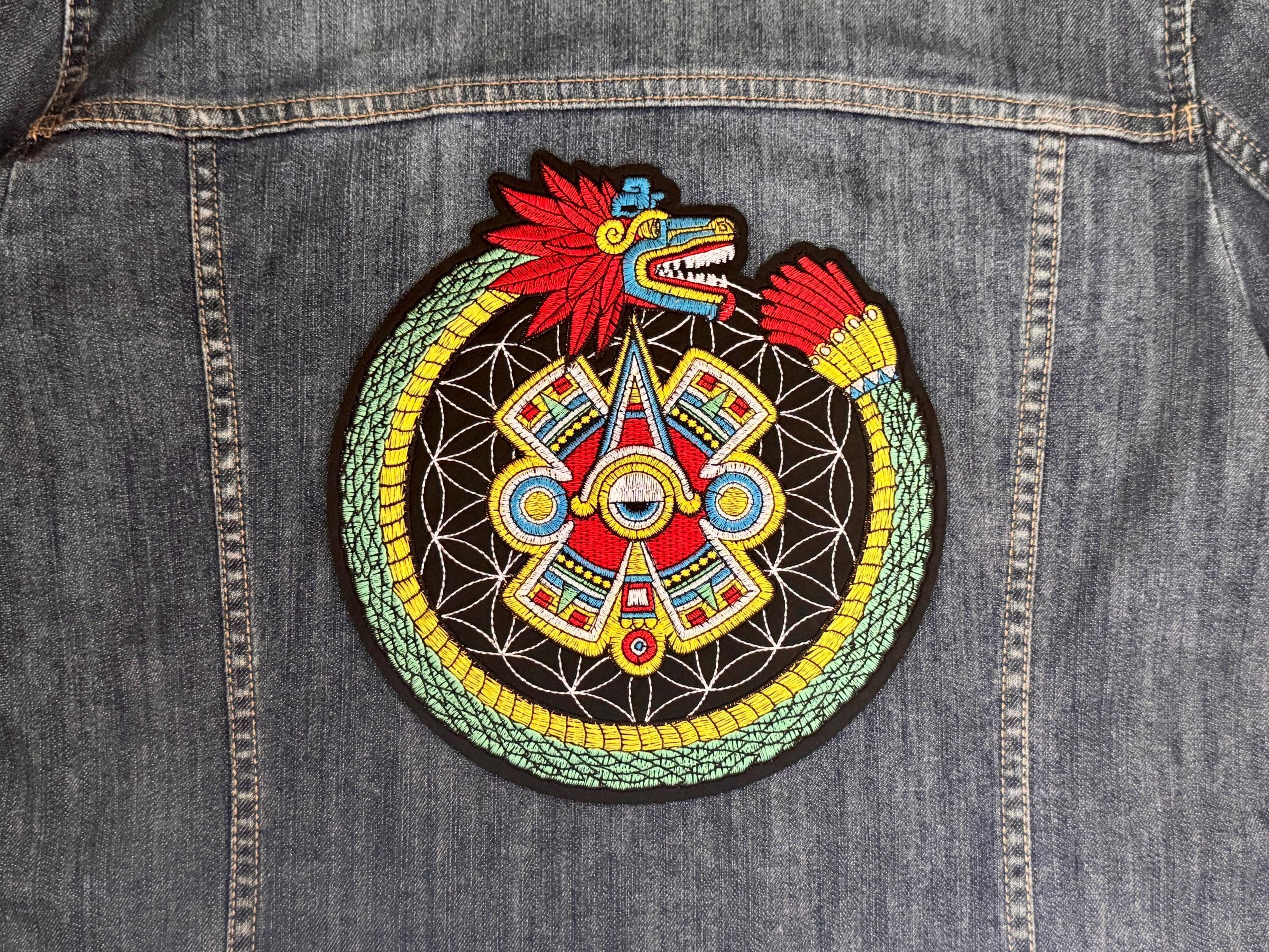 Large Nahui Ollin & Quetzalcoatl Iron on Patch or Sew Ethnic Aztec ...