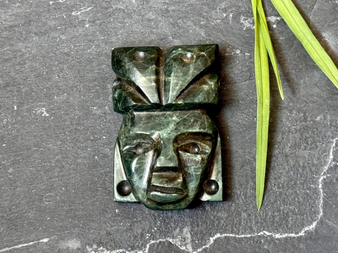 Aztec Warrior Face XL Pendant 2.2" Tall Natural Serpentine Stone ...