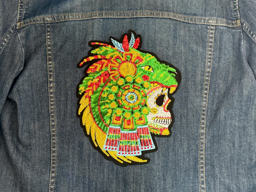 Jaguar Mayan Chief Skull Patch, Sequin & Embroidered Warrior Large ...
