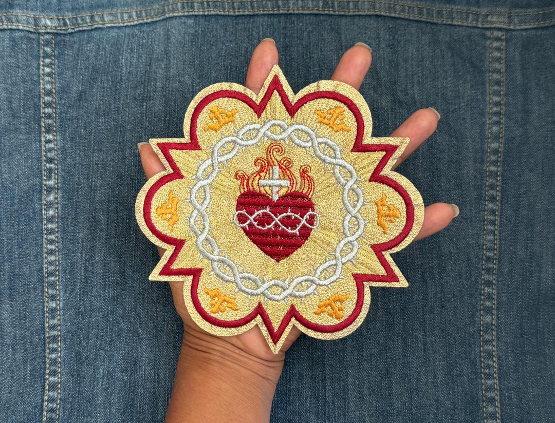 Sacred Heart Red & Gold Appliqué Embroidered Iron on Patch Sewing or ...