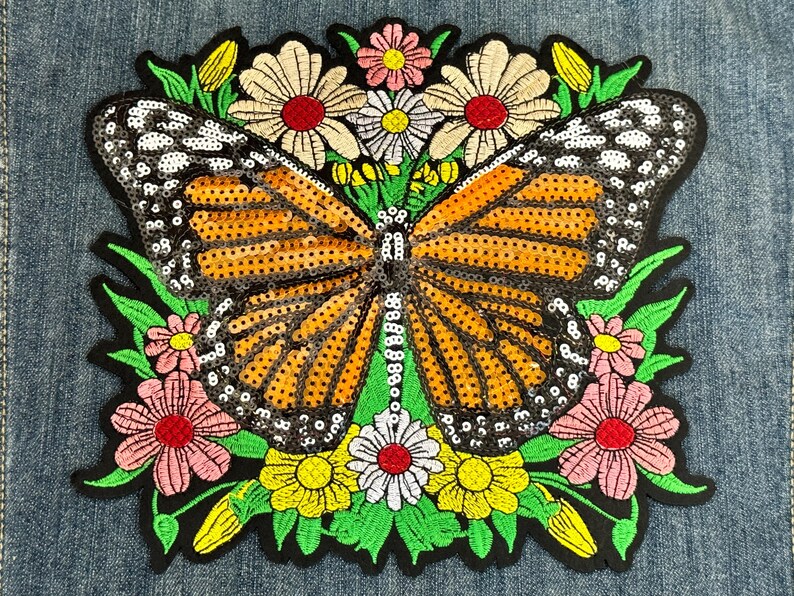 Floral Spring Monarch Butterfly Iron on Patch Sew Appliqué Large Sequin ...
