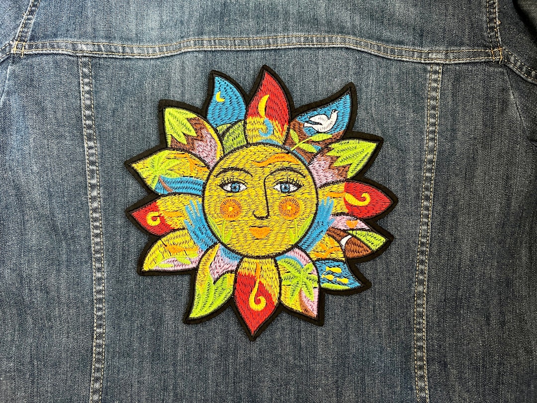 Sun Folk Art Large Iron on Patch Sue Applique Embroidered Happy Sun ...