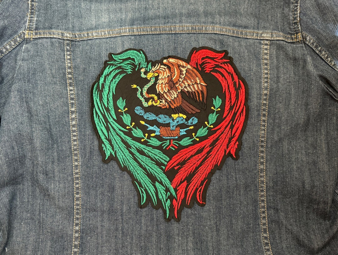 Eagle Escudo Mexico Heart Flag Iron on Patch Large Sew Appliqué ...