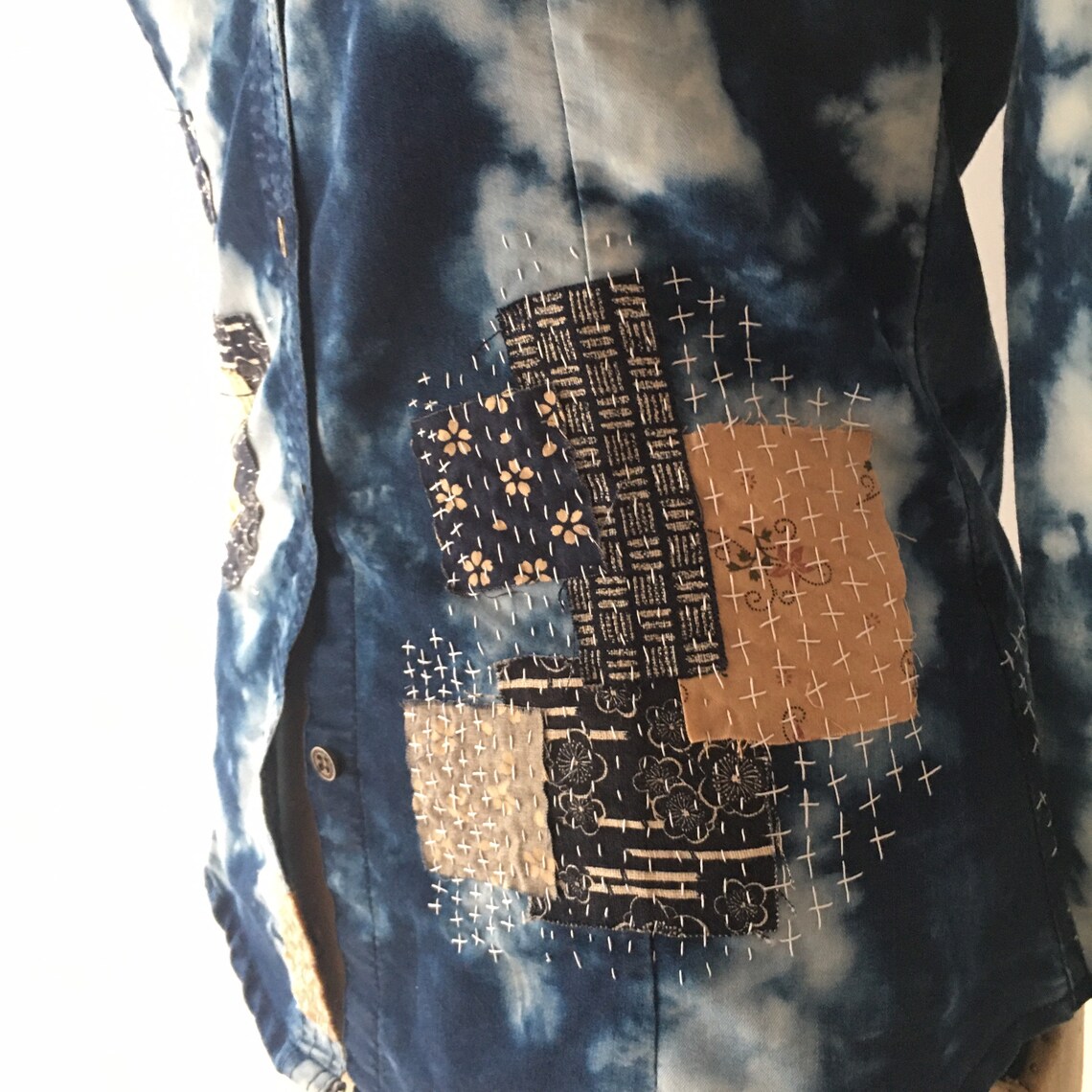 Handmade Sashiko Boro denim blue shirt S long sleeve | Etsy