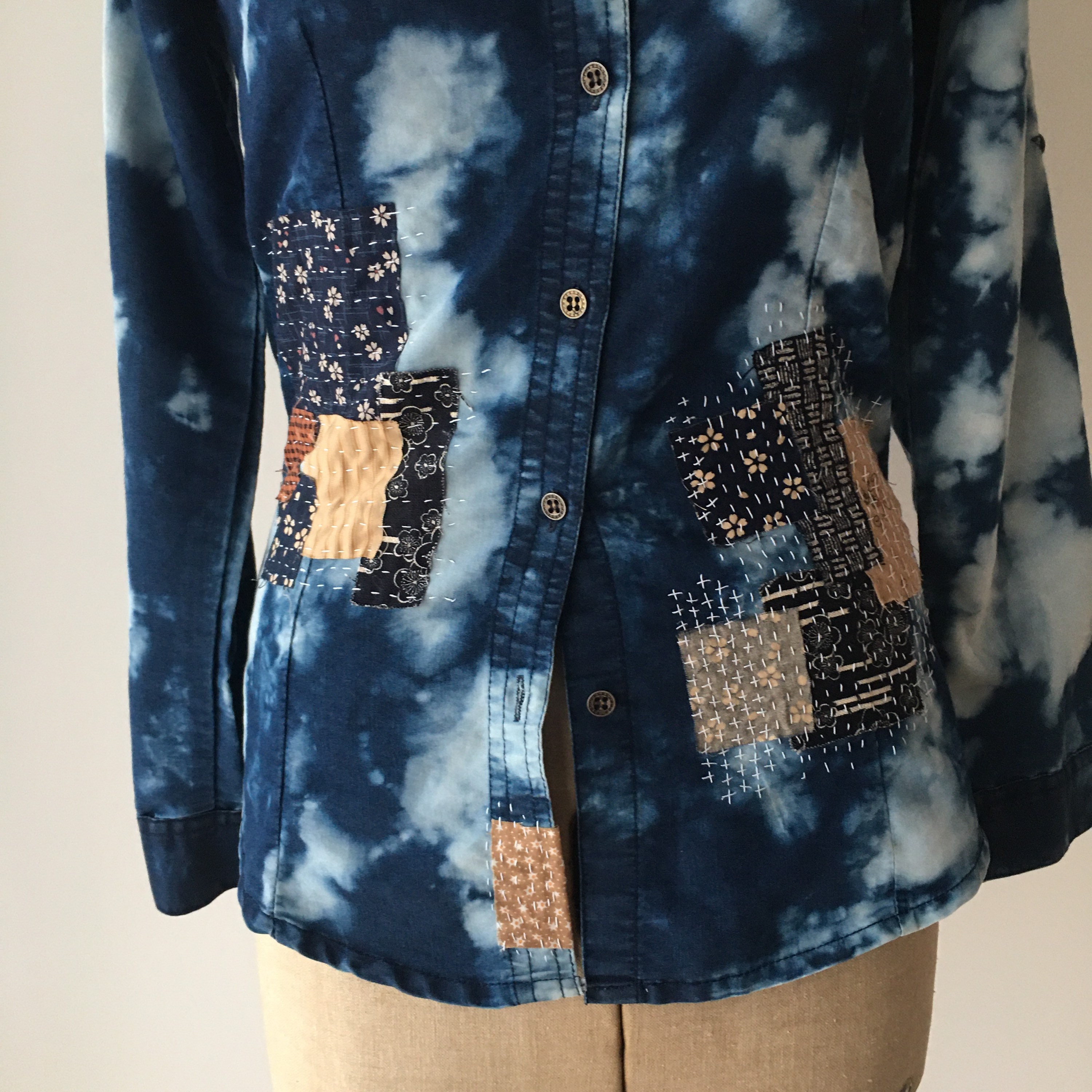 Handmade Sashiko Boro denim blue shirt S long sleeve | Etsy