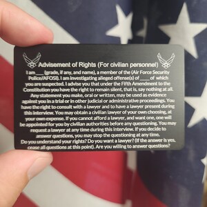 US Air Force Advisement of Rights Metal Card AFOSI USAF Article 31 - Etsy