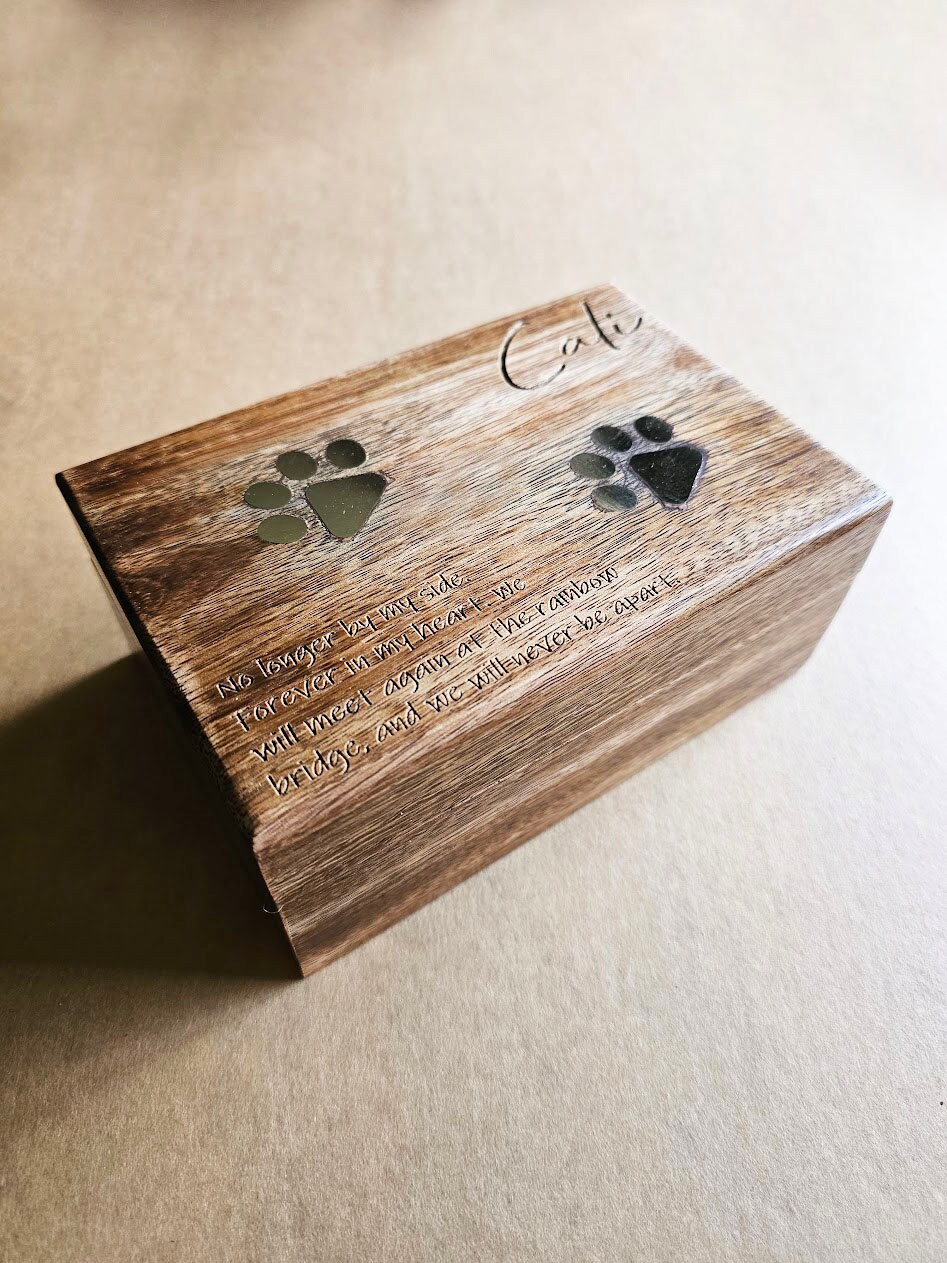 Personalized Paw Print Wood Urn, Pet Memorial Remains Box, Cremation ...