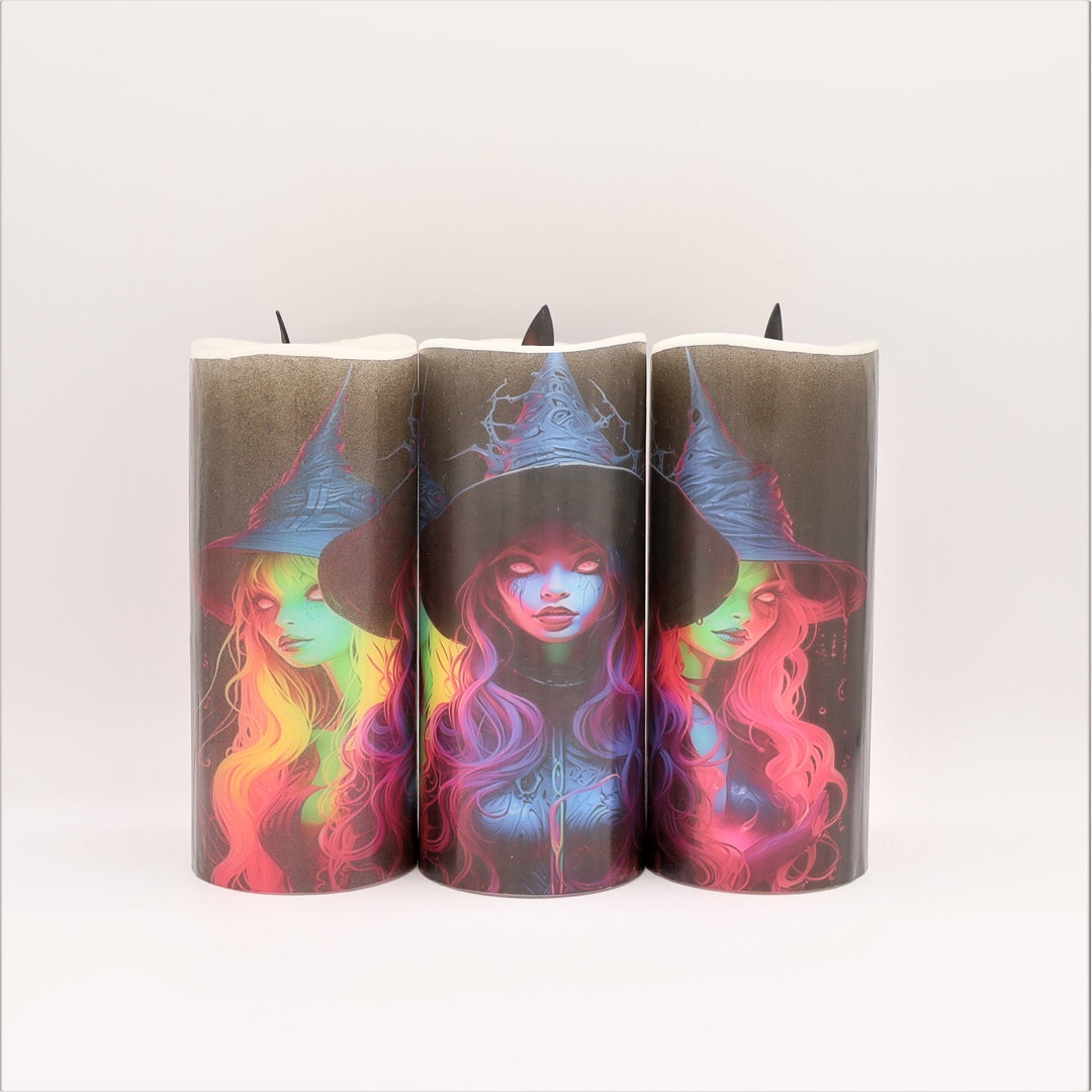 3 Witches Neon Flameless Candle. Battery Operated Real Wax Black Flame ...