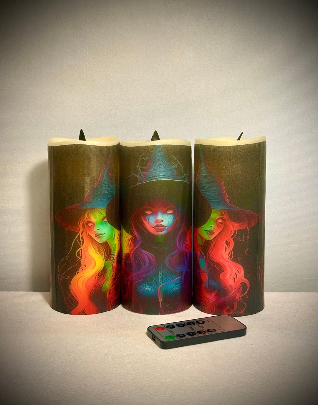 3 Witches Neon Flameless Candle. Battery Operated Real Wax Black Flame ...