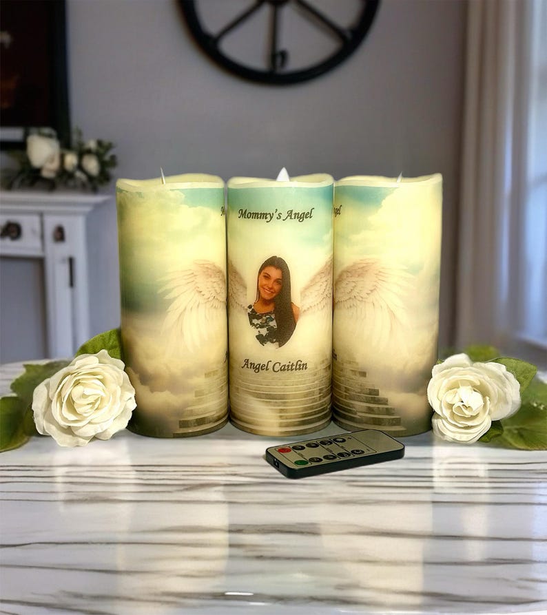 Memorial LED Candle, Custom Photo Angel Wings, Grieving Comfort Gift ...