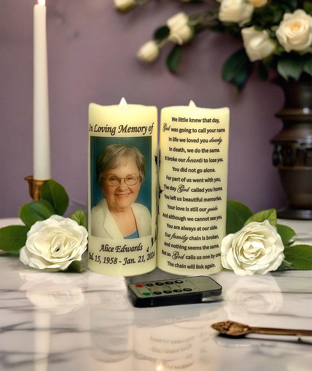 Personalized Memorial Candle, Real Wax LED Photo Candle, Funeral ...