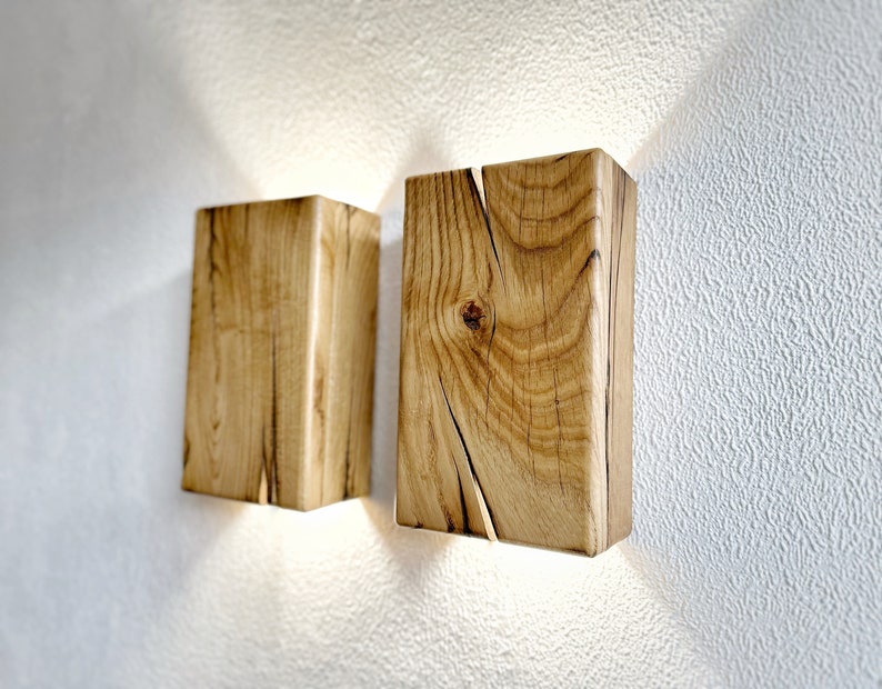 Large Wooden Wall Sconces, Set Plug in Wall of Wooden Oak Sconces ...