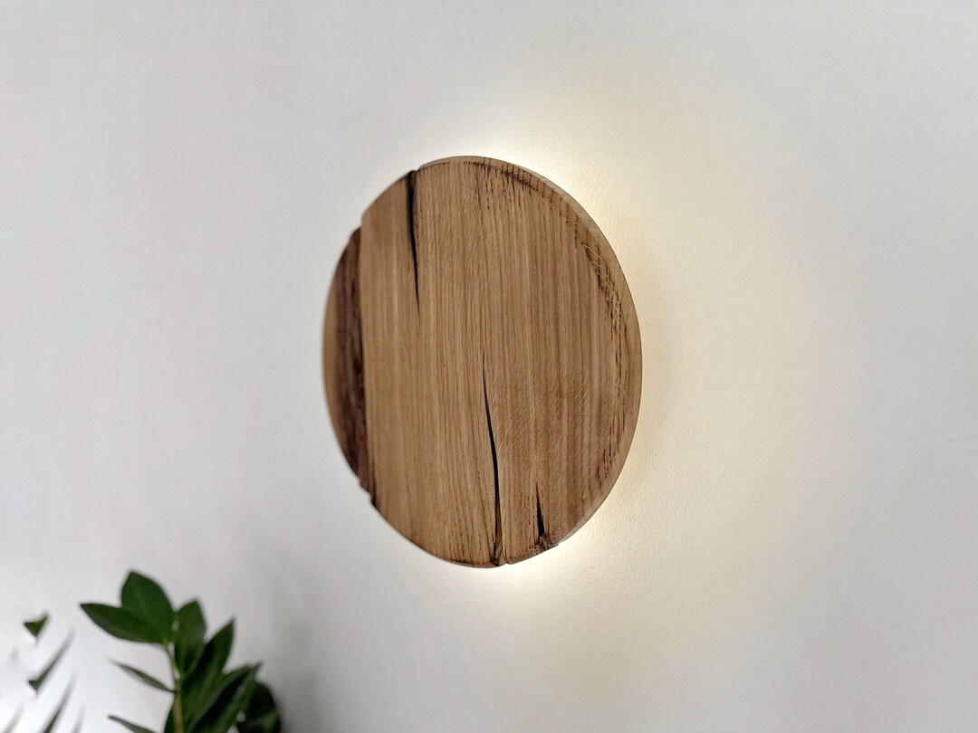 Wooden Round Wall Lights, Handmade Oak Wall Sconce, Light Fixtures, Mid ...