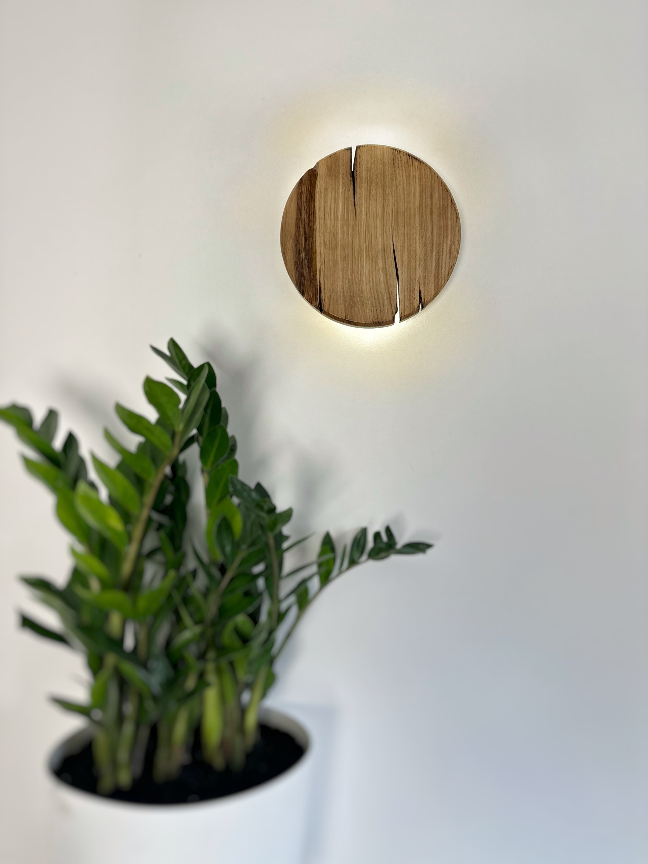 Wooden Round Wall Lights, Handmade Oak Wall Sconce, Light Fixtures, Mid ...