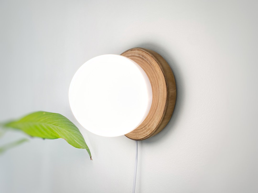 Plug in Wall Minimal Wooden and White Globe Sonce, Wall Light Plug In ...