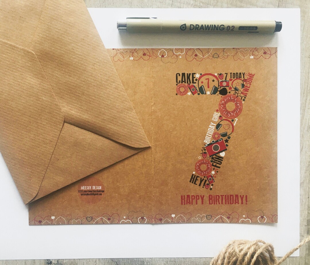 7th Birthday Card, Age 7 Birthday Card, Girl Birthday Age Seven Card ...