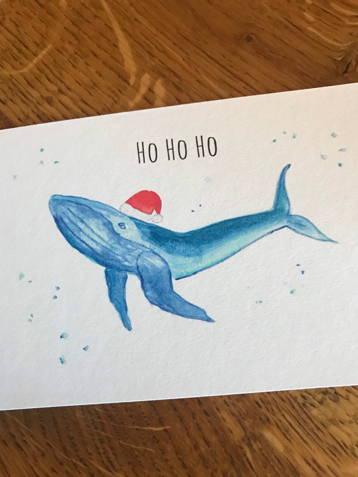 Watercolor Christmas Card Blue Whale with Christmas Hat | Etsy