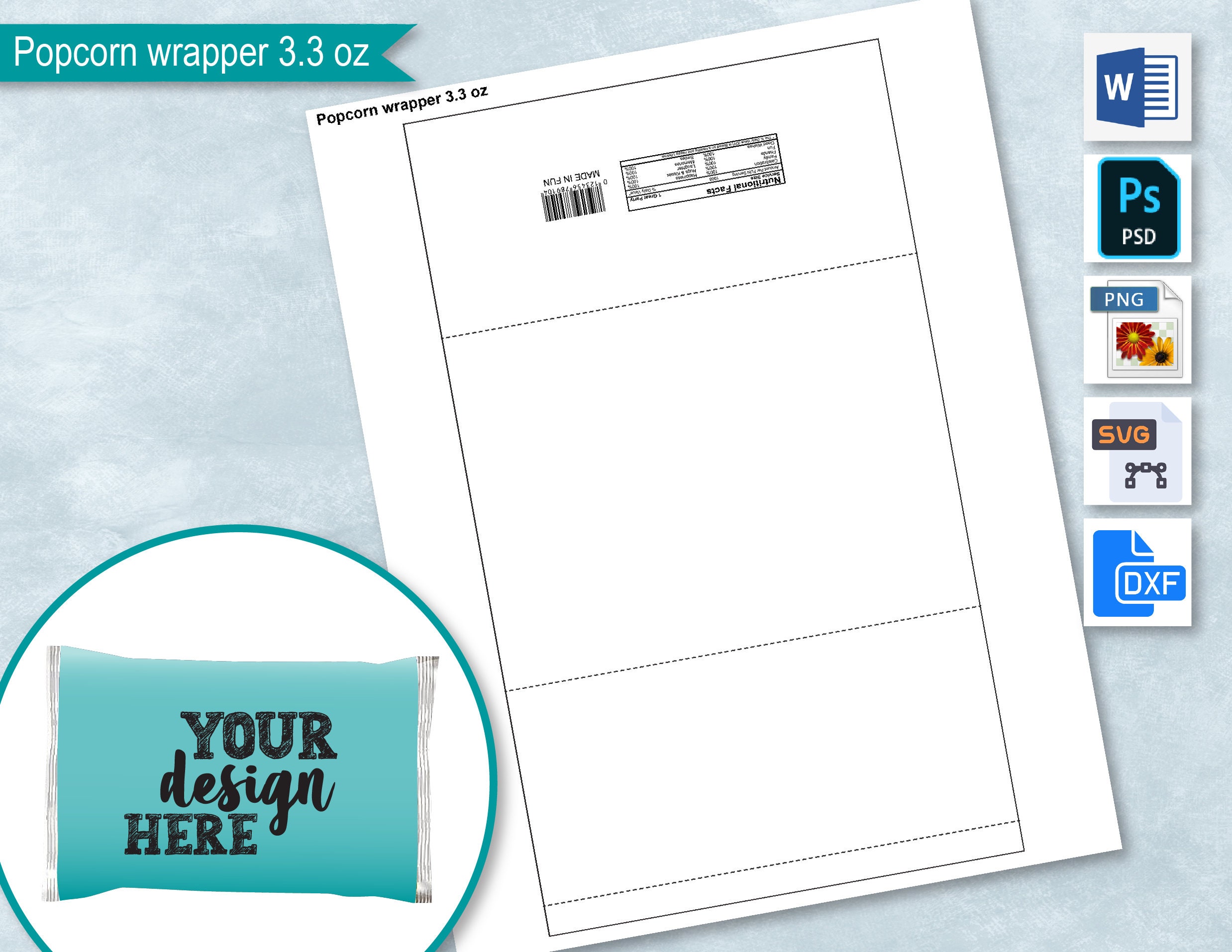 Microwave Popcorn 3.3 Oz Wrapper Template With Nutritional Facts ...