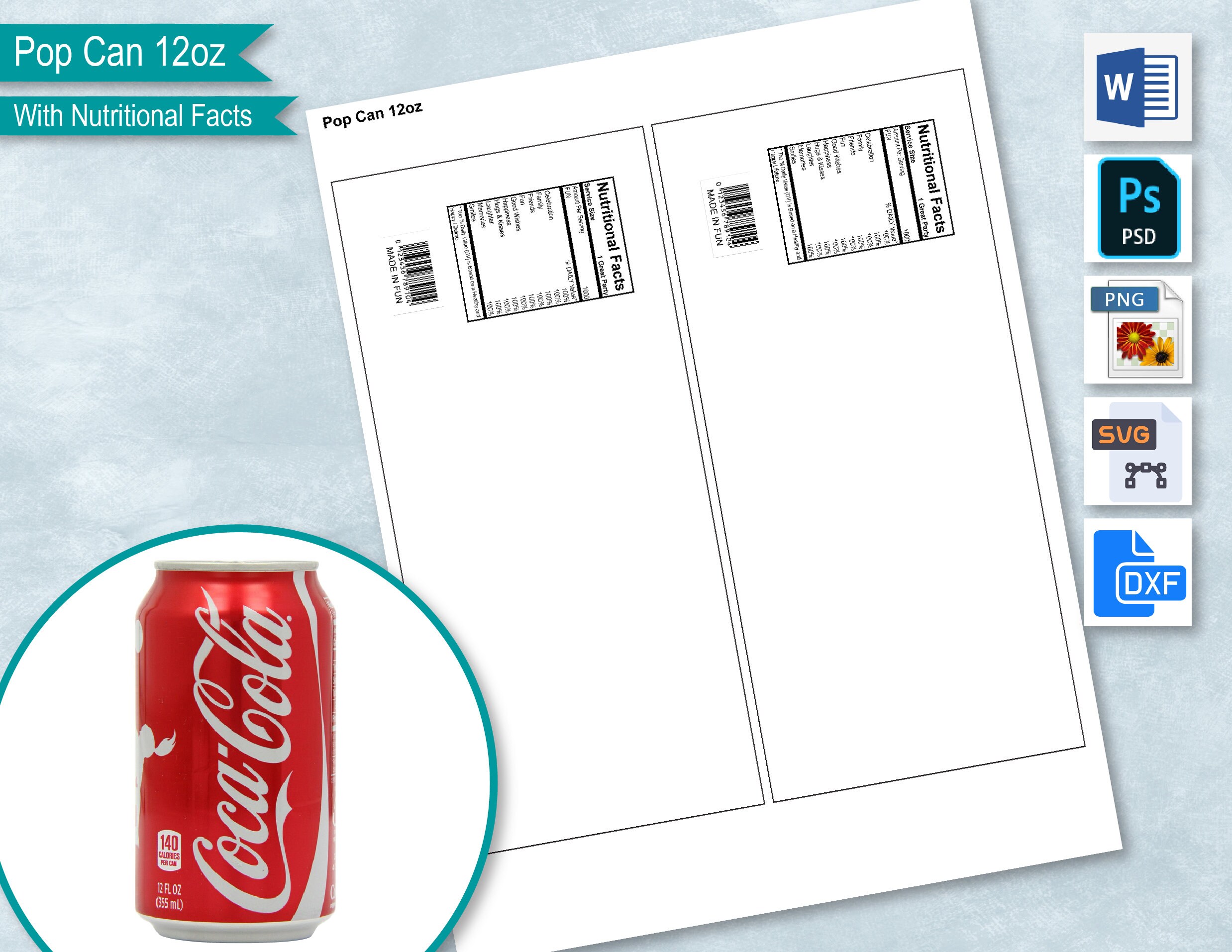 Pop Drink Can 12oz 355ml Label Template with Nutritional | Etsy