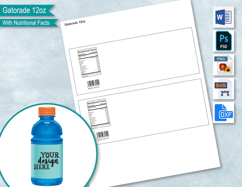 Sports Drink 12oz 355ml Wrapper Template With Nutritional Facts ...