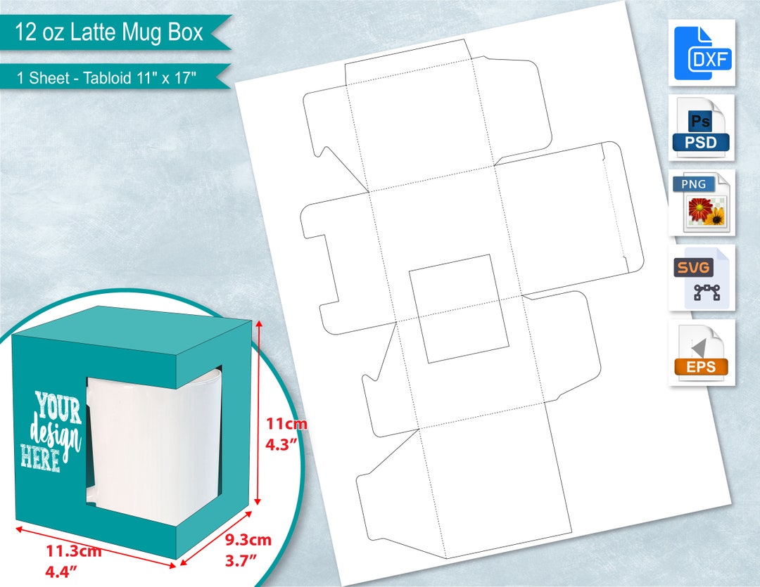12oz Latte Mug Box With Window Template, 11"x17" Size Sheet, Mug Gift ...