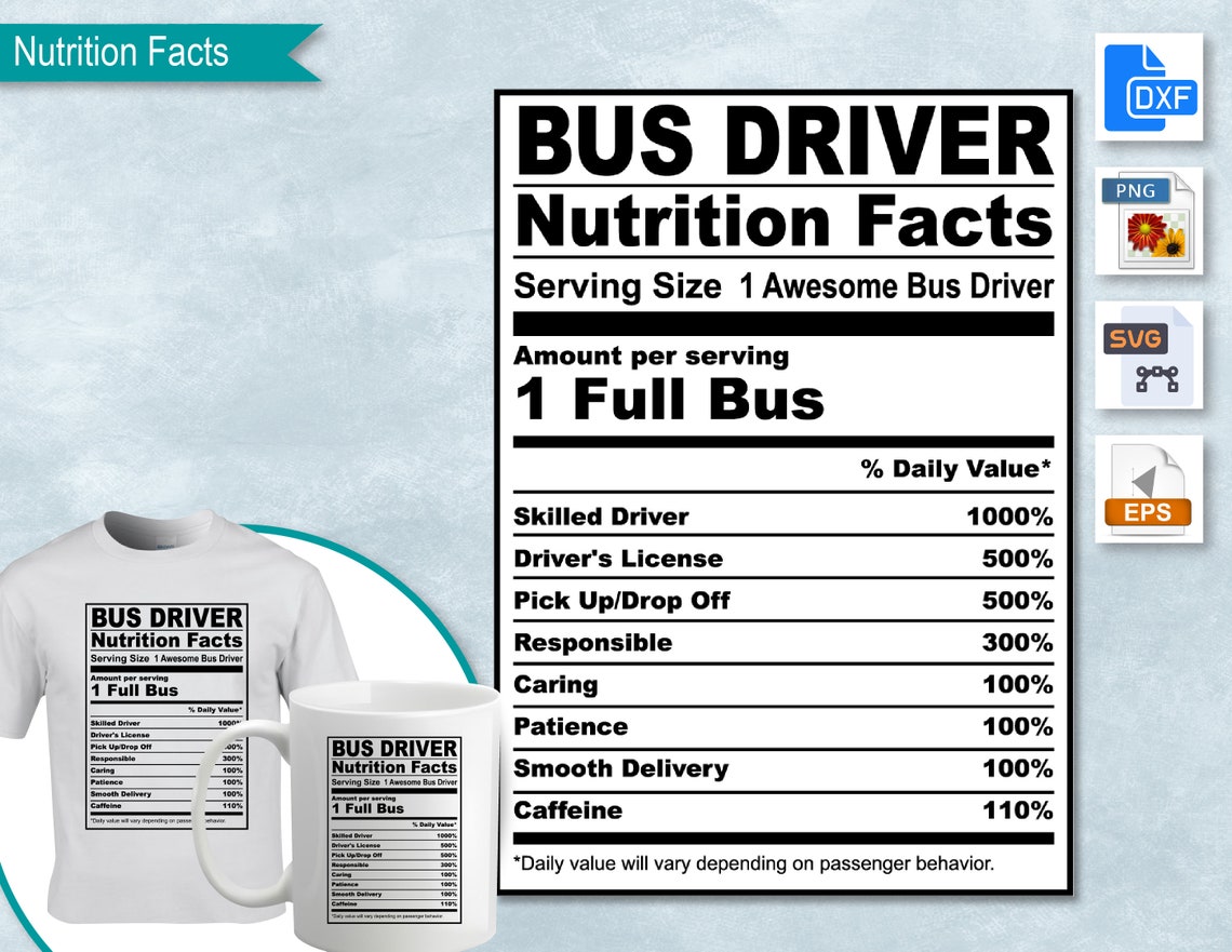 Bus Driver Nutrition Facts, School Bus Driver SVG Nutritional Fact ...