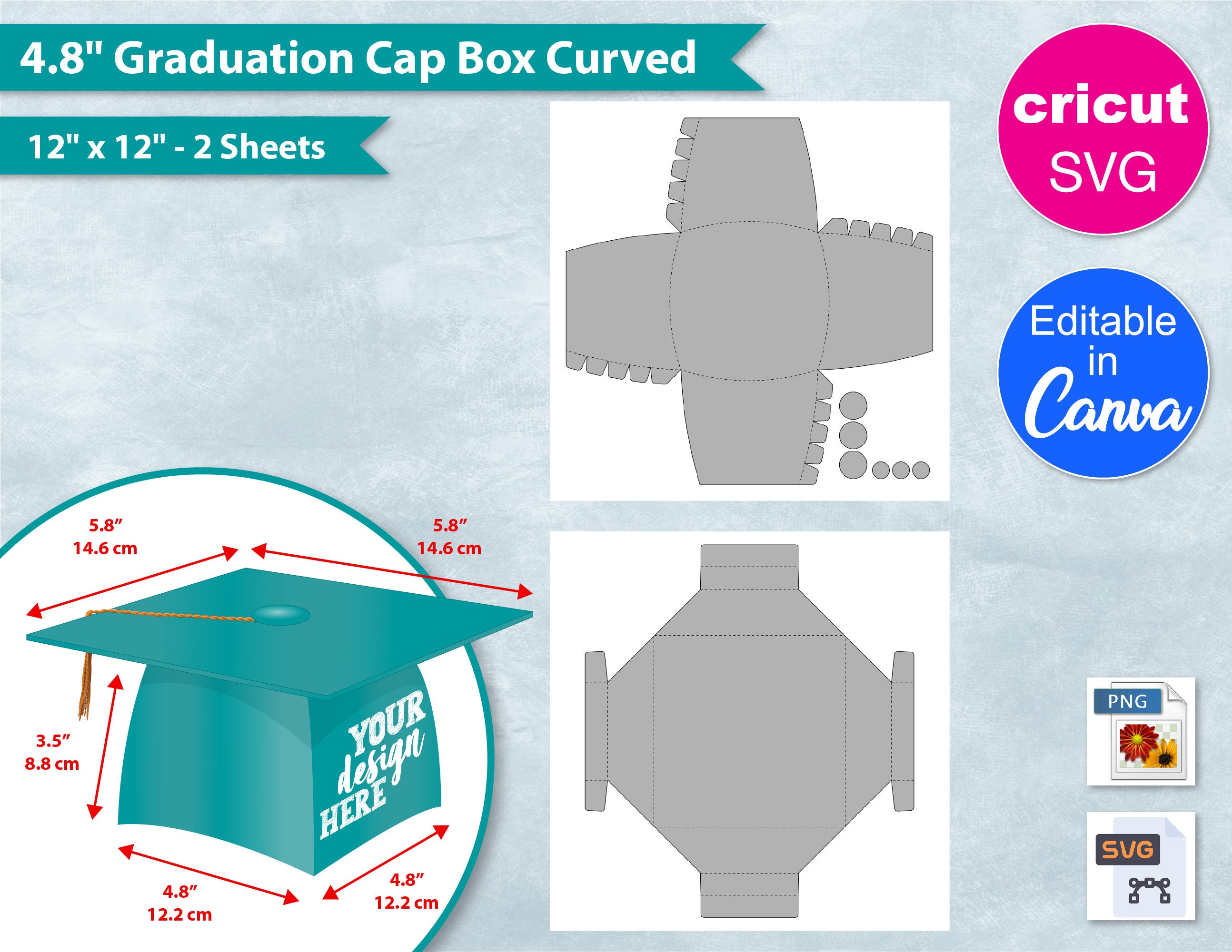 4.8 Inch Graduation Cap Curved Gift Box Template, 4.8" Grad Cap Favor ...