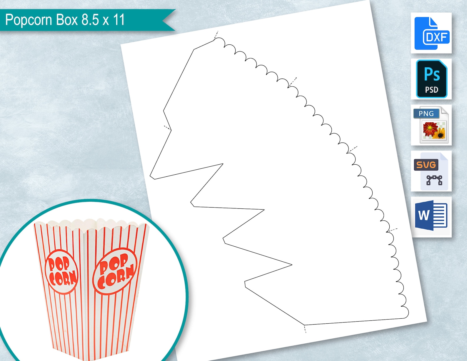 Popcorn Box Template 8.5"x11" Sheet, Chip Foldable Box Blank , Party ...