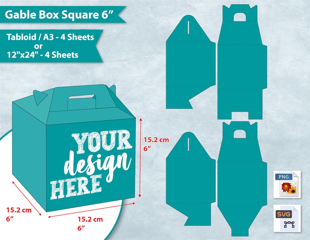 6" Square Gable Box Template, 6 Inch Gable Gift Box Template, Party ...