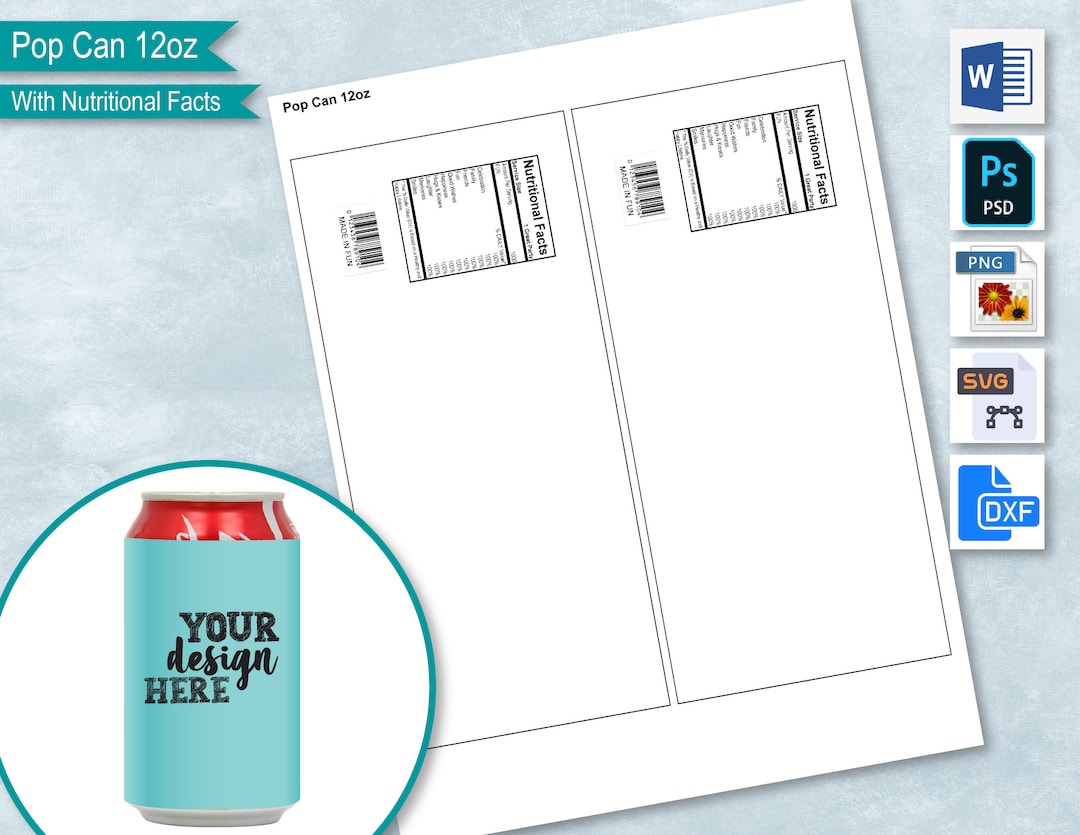 Pop Drink Can 12oz 355ml Label Template With Nutritional Facts, Sticker ...