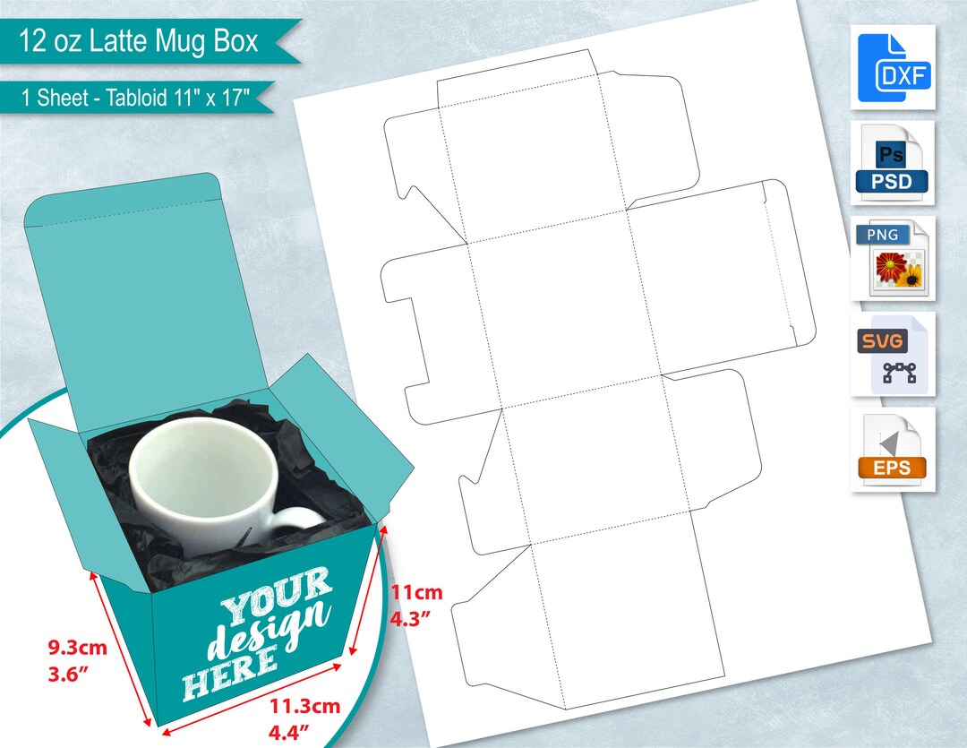 12oz Latte Mug Box Template, 11"x17" Size Sheet, Mug Gift Display Box ...