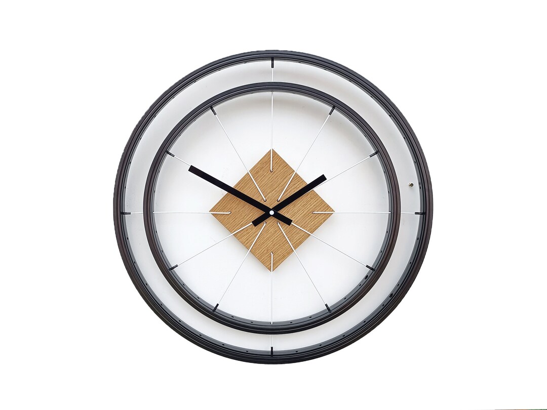 Rhombus Wall Clock With Wooden Dial and Bicycle Wheels, Original and ...