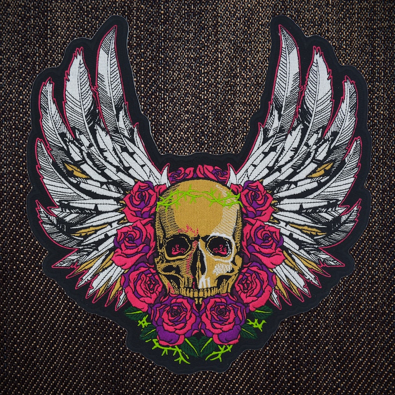 Skull Roses Angel Wings Large Embroidered Back Patch - Etsy