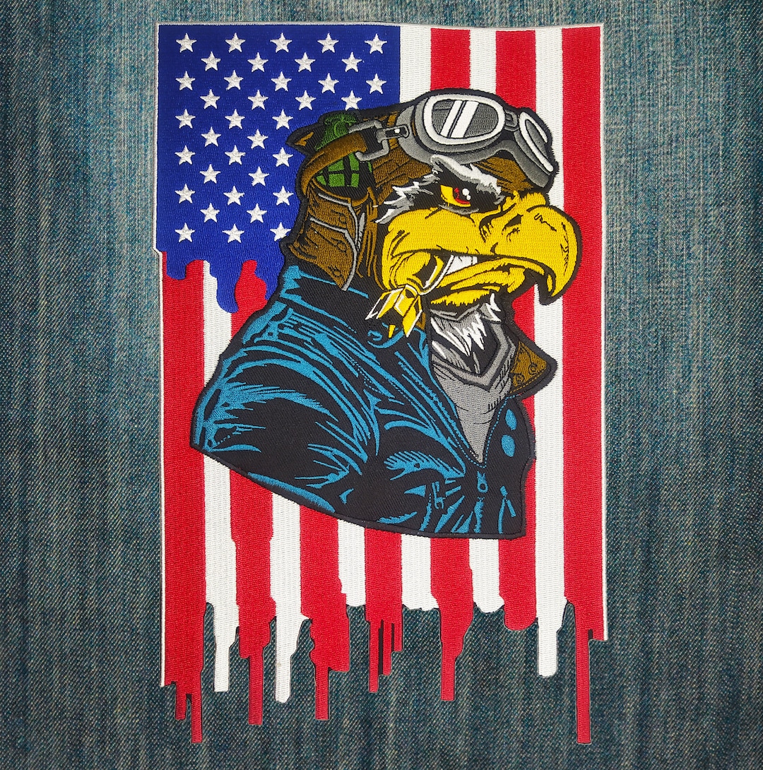 Patriotic Pilot Eagle on American Flag Large Embroidered Motorcycle Jacket & Biker Vest Back ...