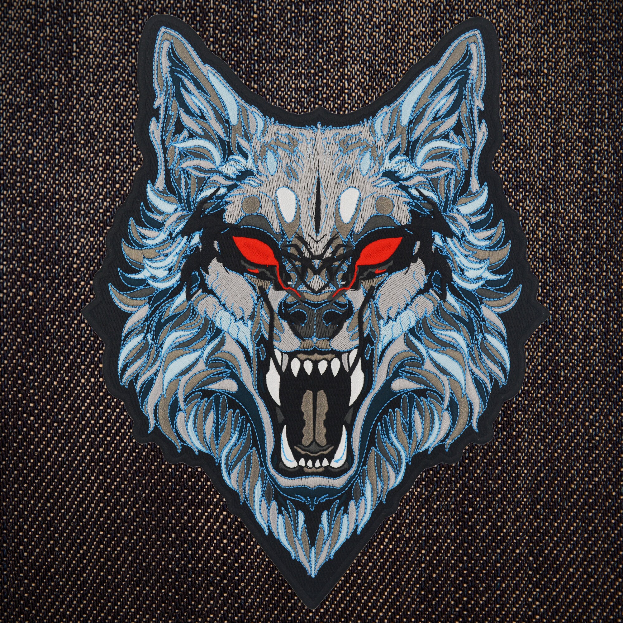 Wolf Face Art Large Embroidered Motorcycle Jacket & Biker Vest Back ...