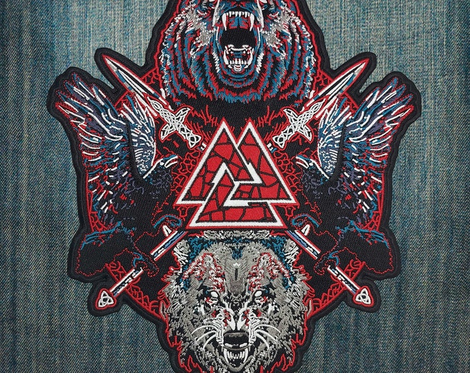 Norse Viking Odin Valknut Symbol, Spears, Ravens, Bear, Wolf Large ...