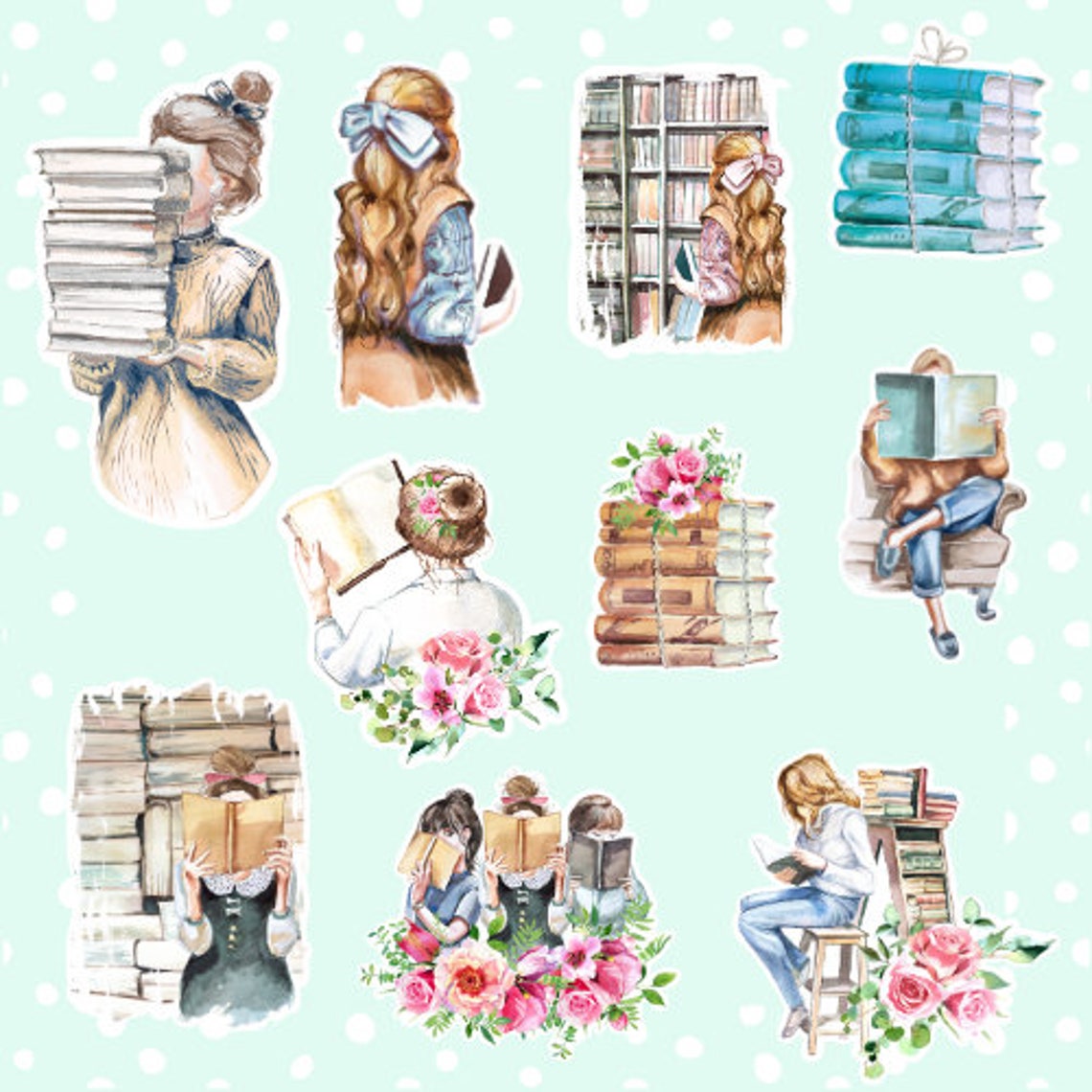 Reader Girl Sticker Set Reading Stickers Book Stickers | Etsy