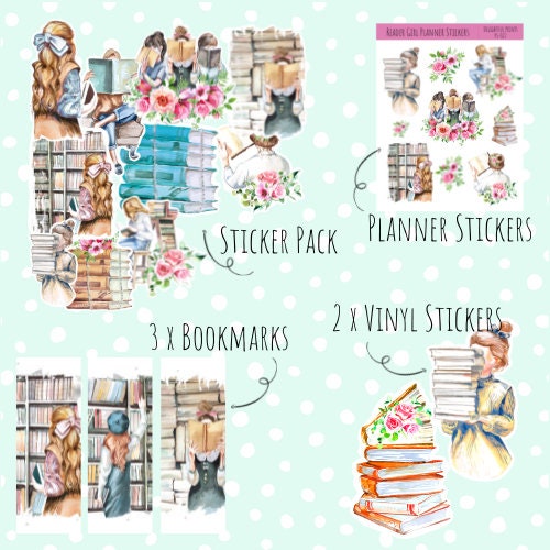 Reader Girl Bundle Stickers Planner Stickers Vinyl Stickers Bookmarks ...