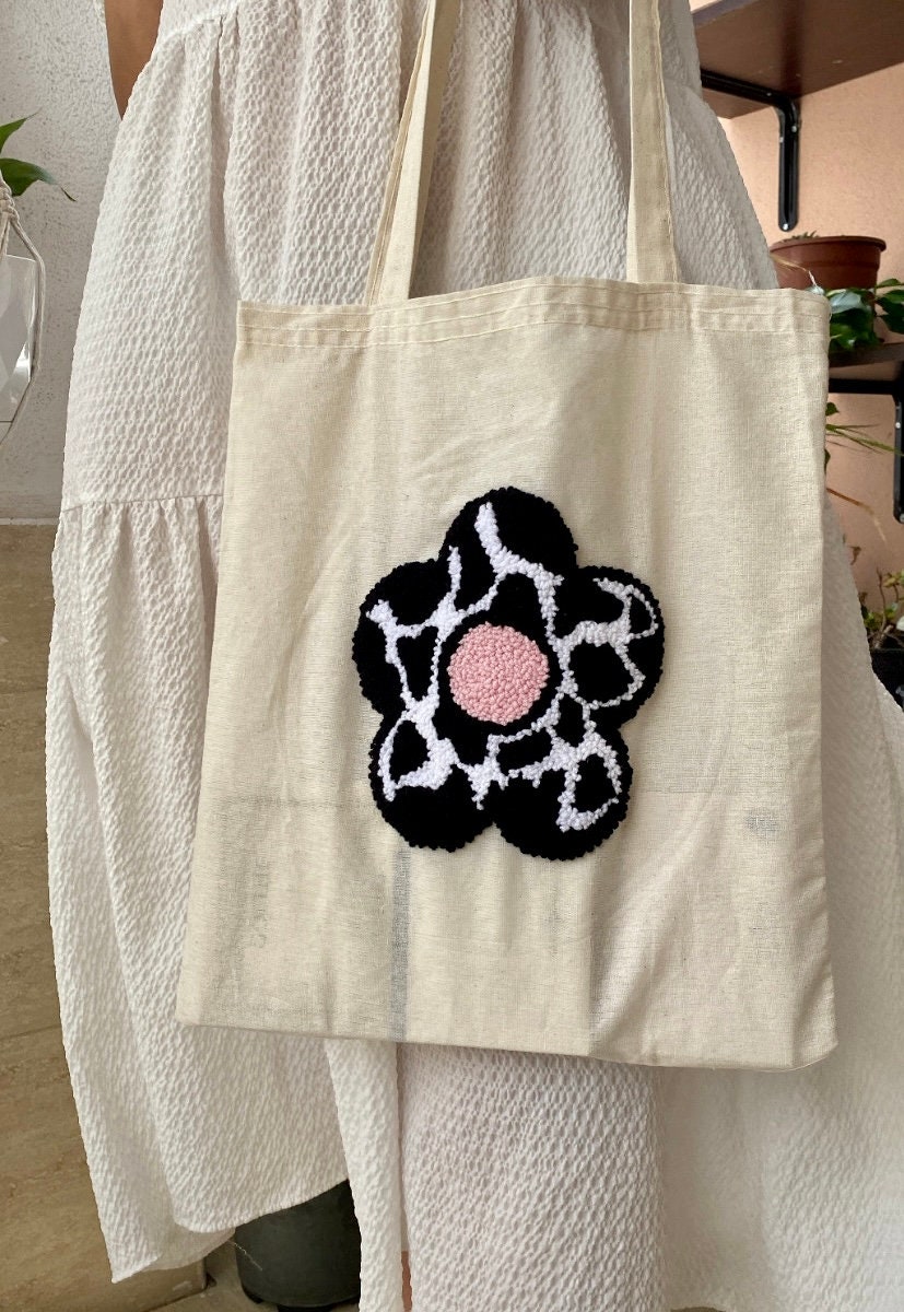 Handmade Cute Punch Needle Tote Bag, Embroidered Shopper Shoulder Bag ...