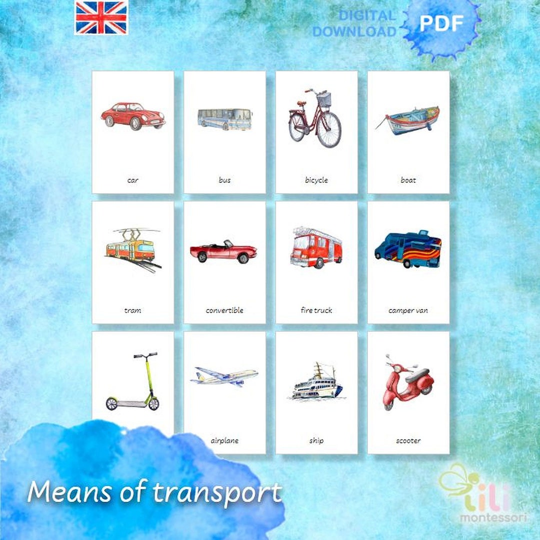 TRANSPORTE Tarjetas de 3 partes Montessori 24 Tarjetas editables ...