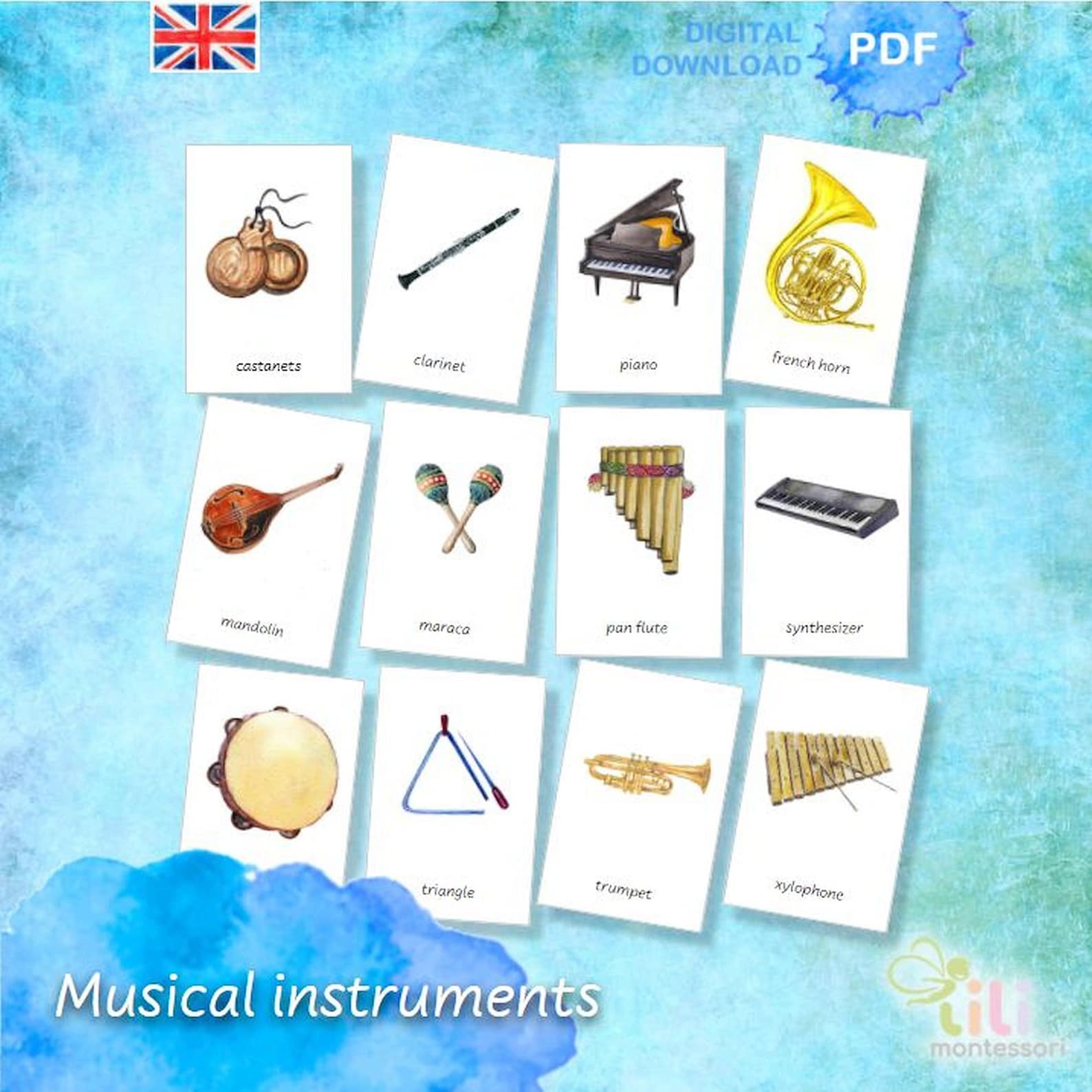 MUSICAL INSTRUMENTS 3 Part Cards Montessori 24 Editable Cards ...