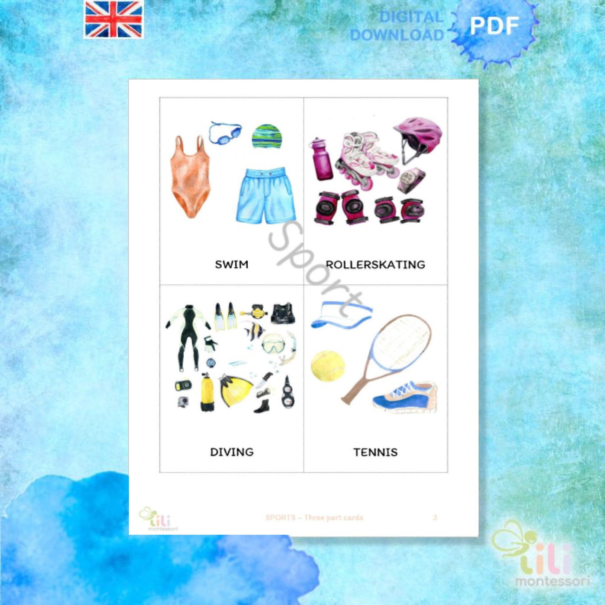 SPORTS Three Part Cards Montessori 20 Editable Cards - Etsy