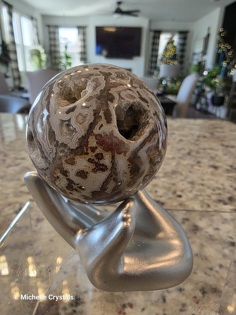 Red Mexican Crazy Lace Agate Sphere With Druzy & Hand Holder - Etsy