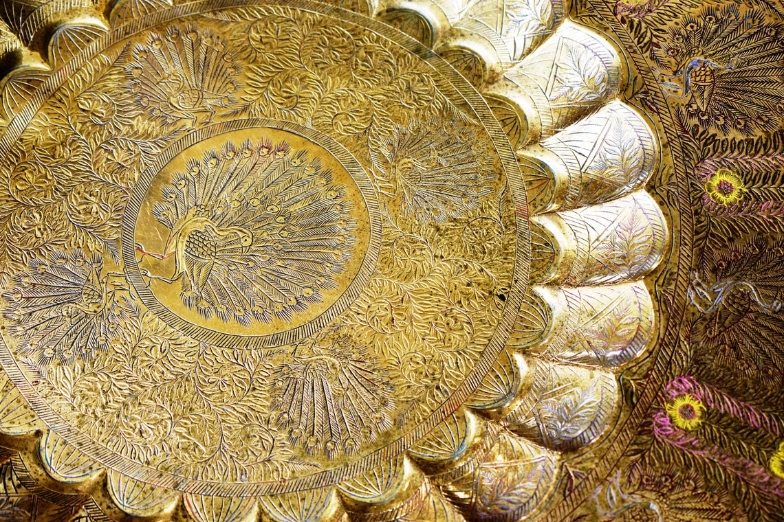 Anglo-indian Hammered/embossed Round Polished Brass Tray Table - Etsy