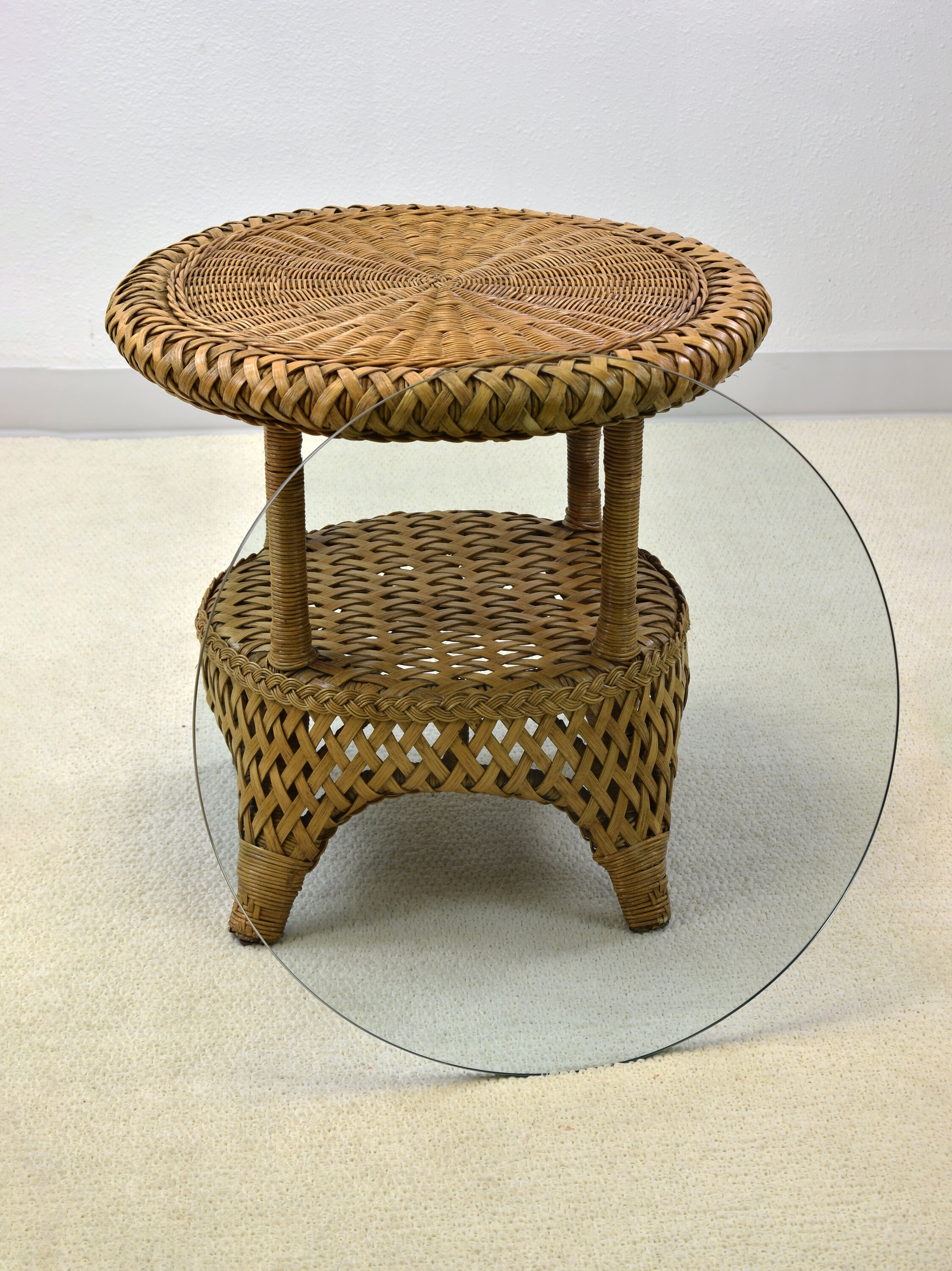 Vintage Woven Rattan & Bamboo Two Tier Side Table With Glass Top - Etsy