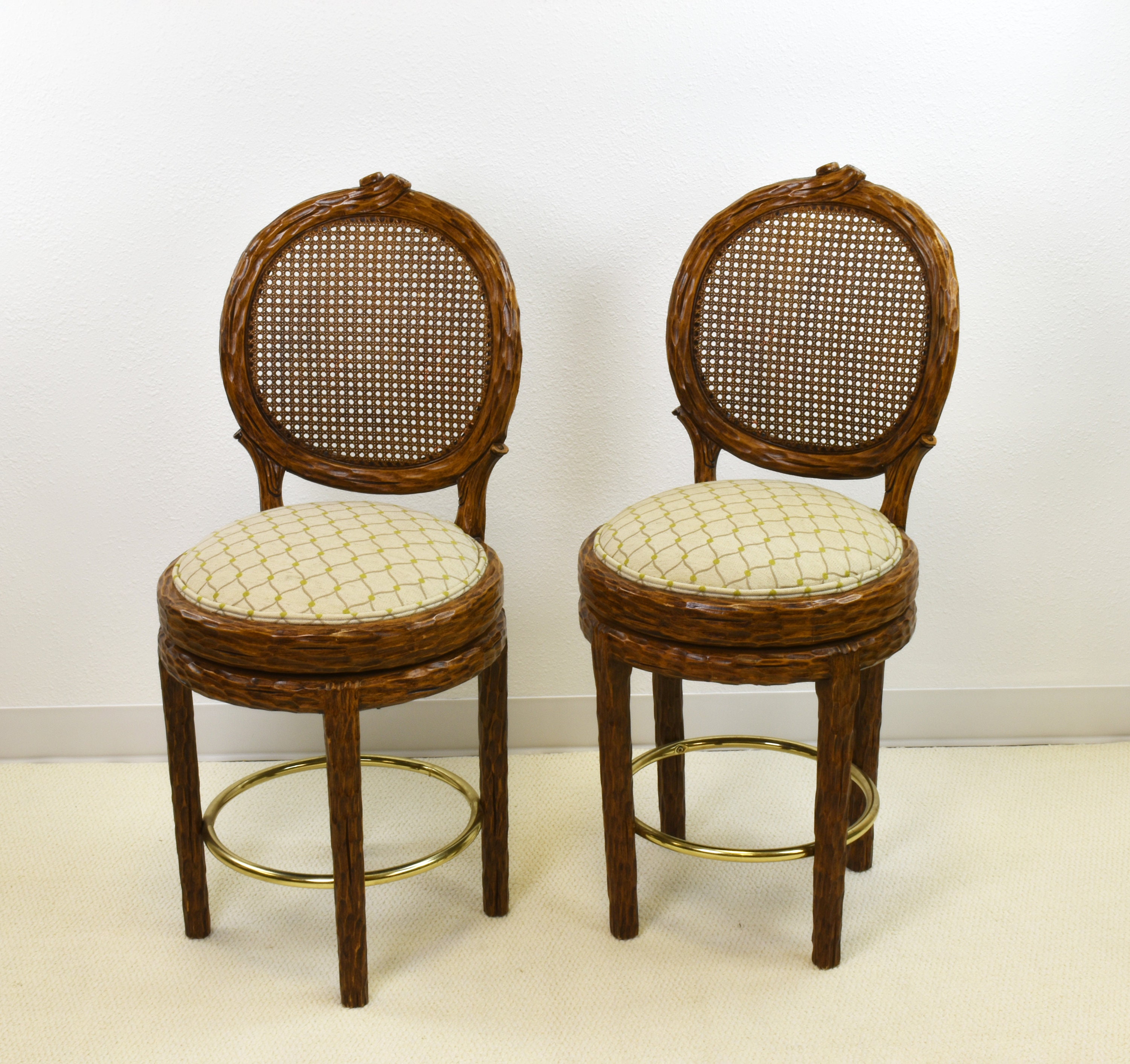 French Country Low Counter Bar Stools Cane Back Swivel Seats Upholstery ...