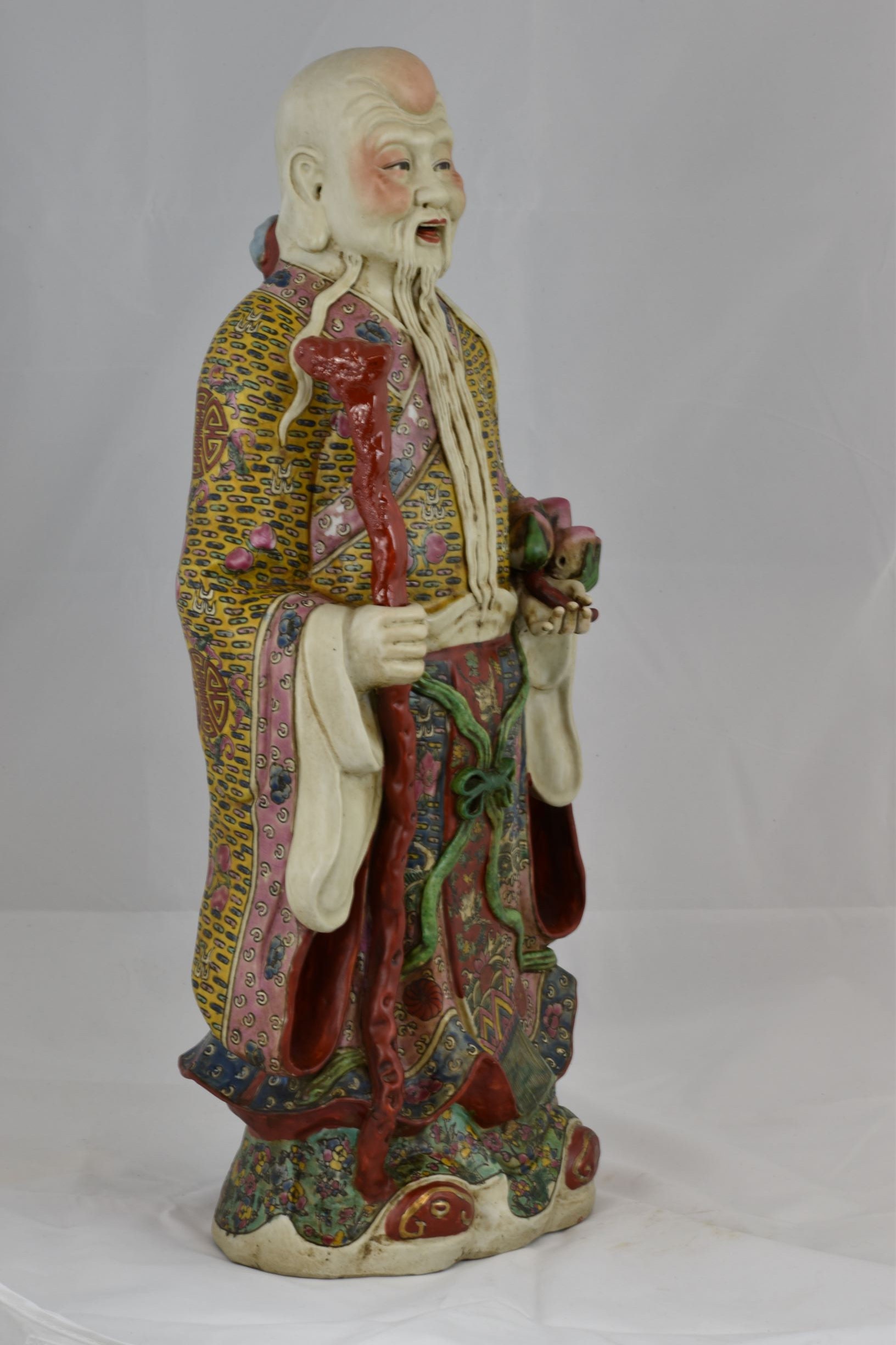 Vintage Chinese Qing Style Porcelain Statue of Wise Man Holding Staff ...