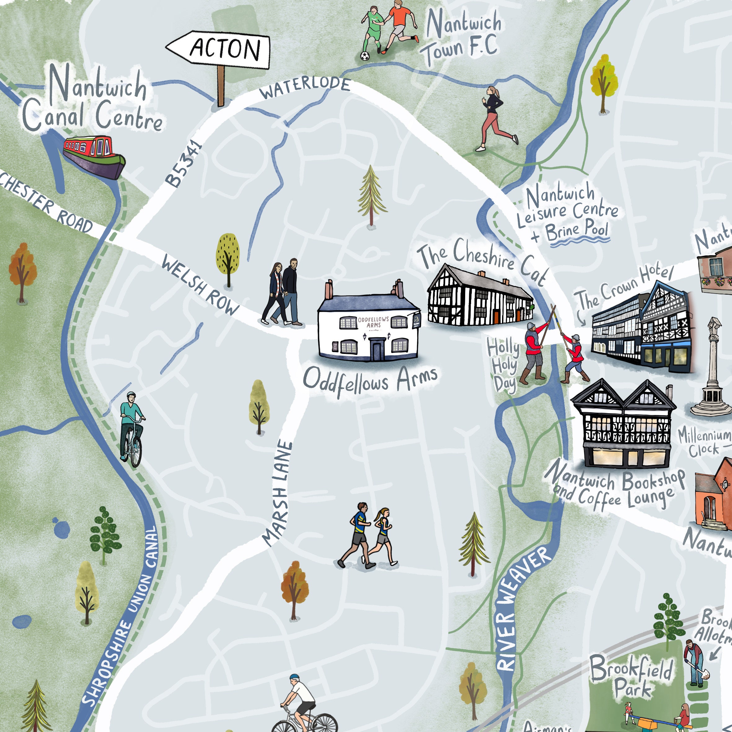 Nantwich Illustrated Map, A3 Art Print, Cheshire Map, Personalised Map ...