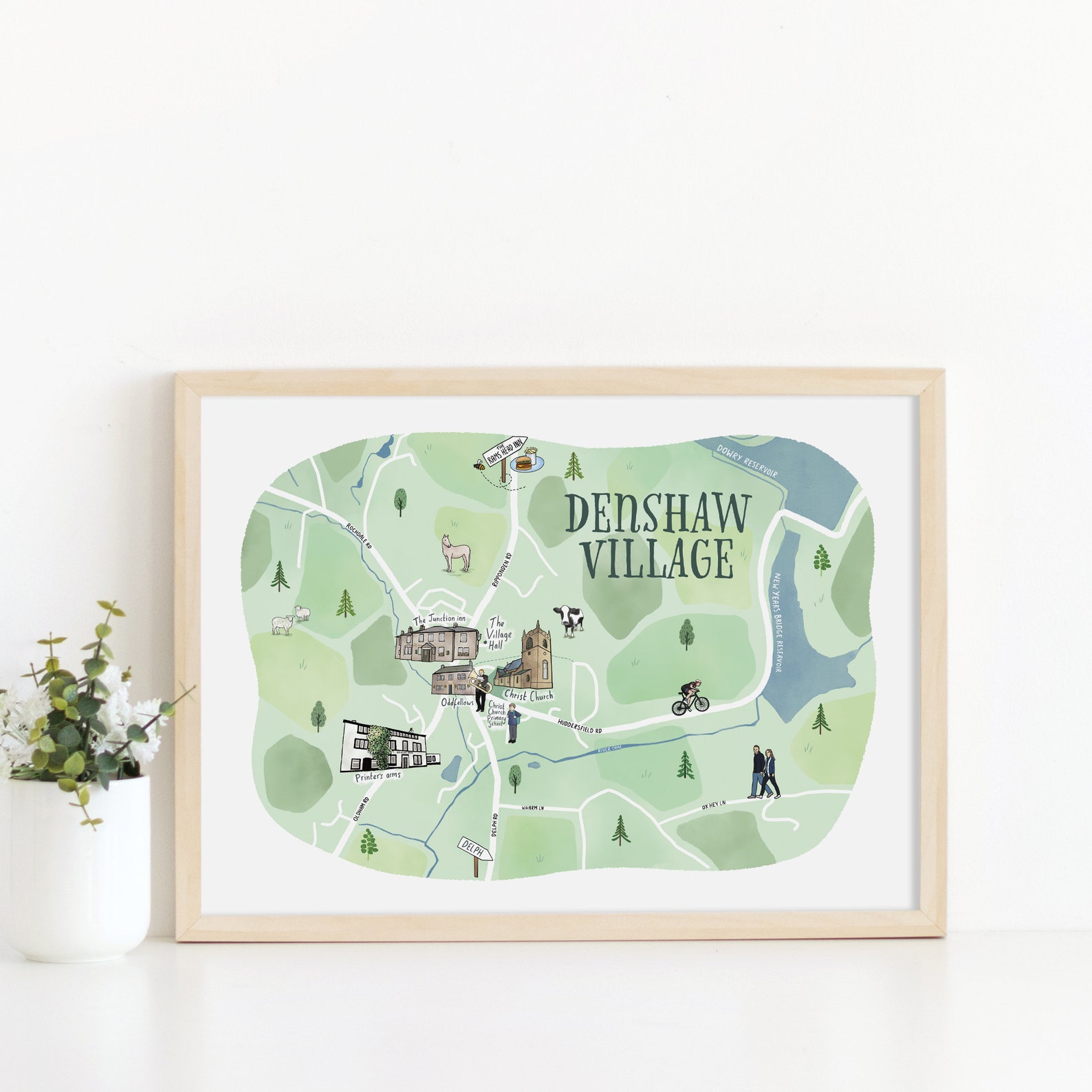 Denshaw Illustrated Map, A3 Art Print, Saddleworth Village Map ...