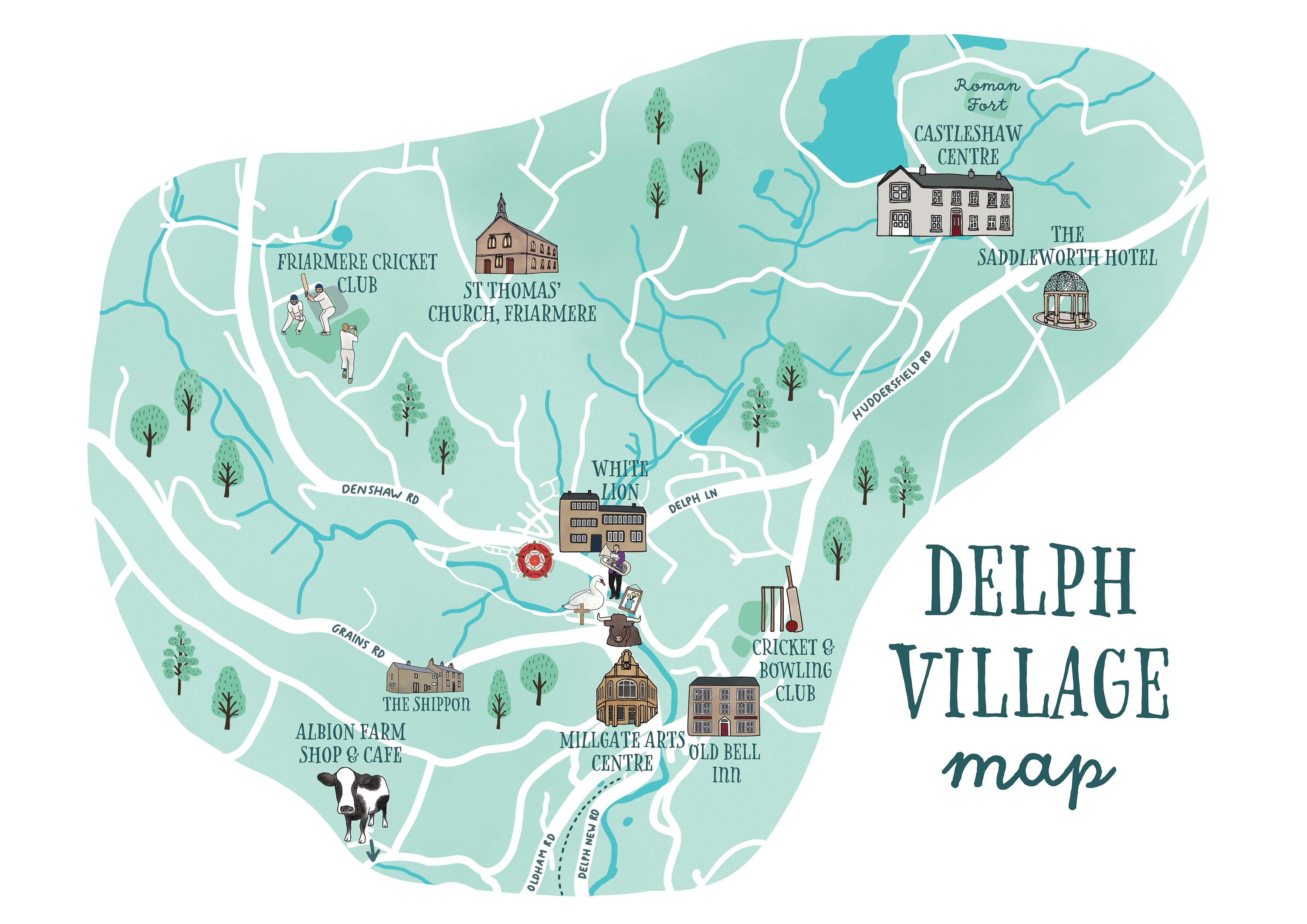 Delph Village Map Illustration Personalised Map Wall Decor - Etsy UK